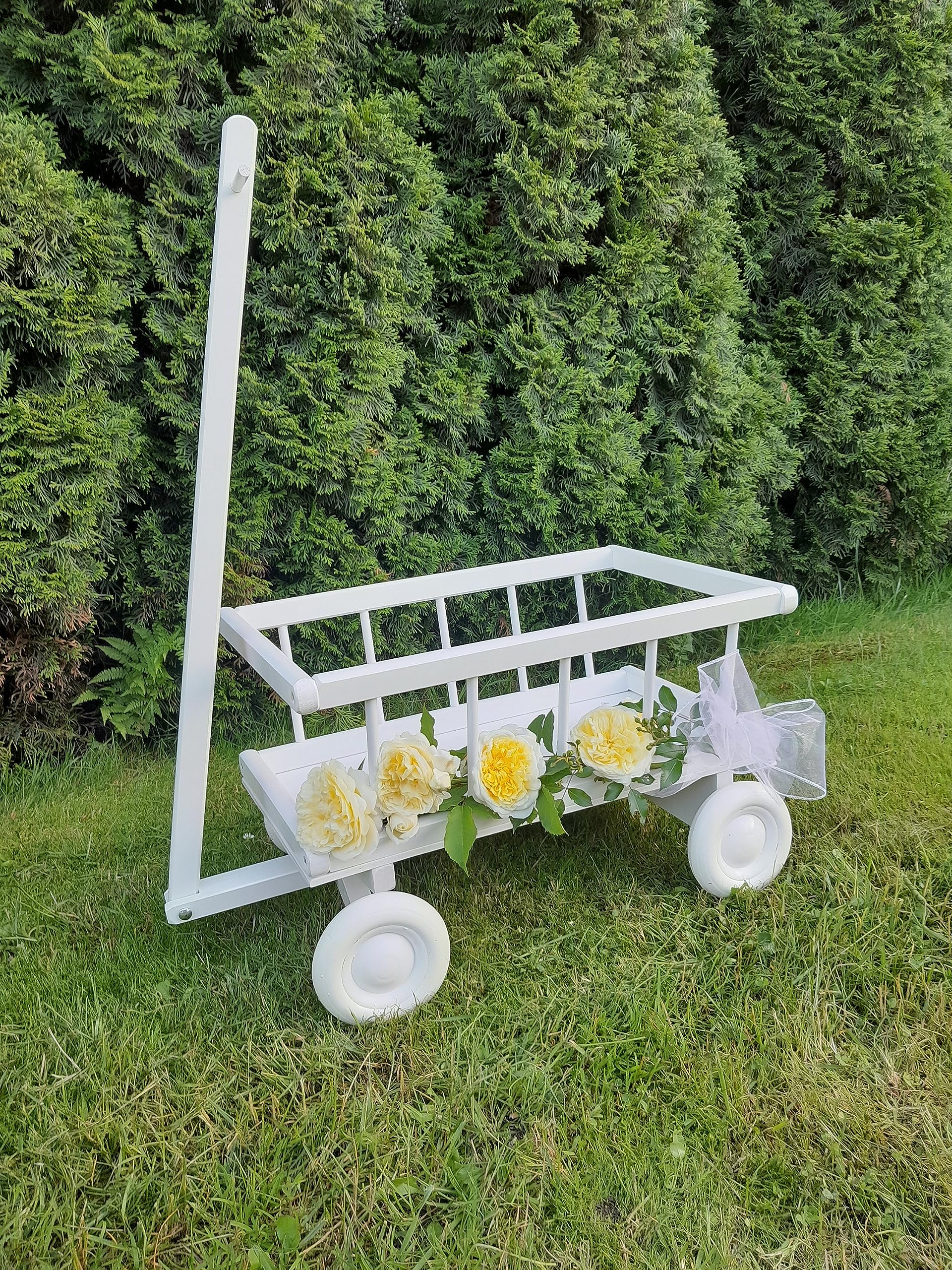 Premium Wooden Wagon JAS - Safe and Beautiful | Ideal for Weddings and Flower Girls | Color: White Fluff + seat Belt| Wheels: Rubber