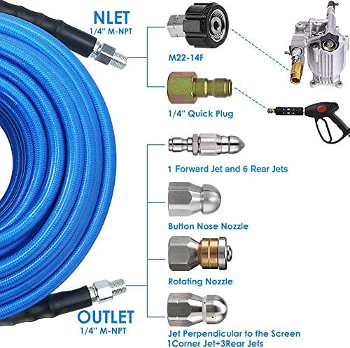 100FT Sewer Jetter Kit for Pressure Washer, 5800PSI Drain Cleaner Hose 1/4 Inch NPT Corner, Rotating Button Nose Sewer Jetting Drain Jetter Hose Nozzle Pearl Corsage Pin Spanners, Blue