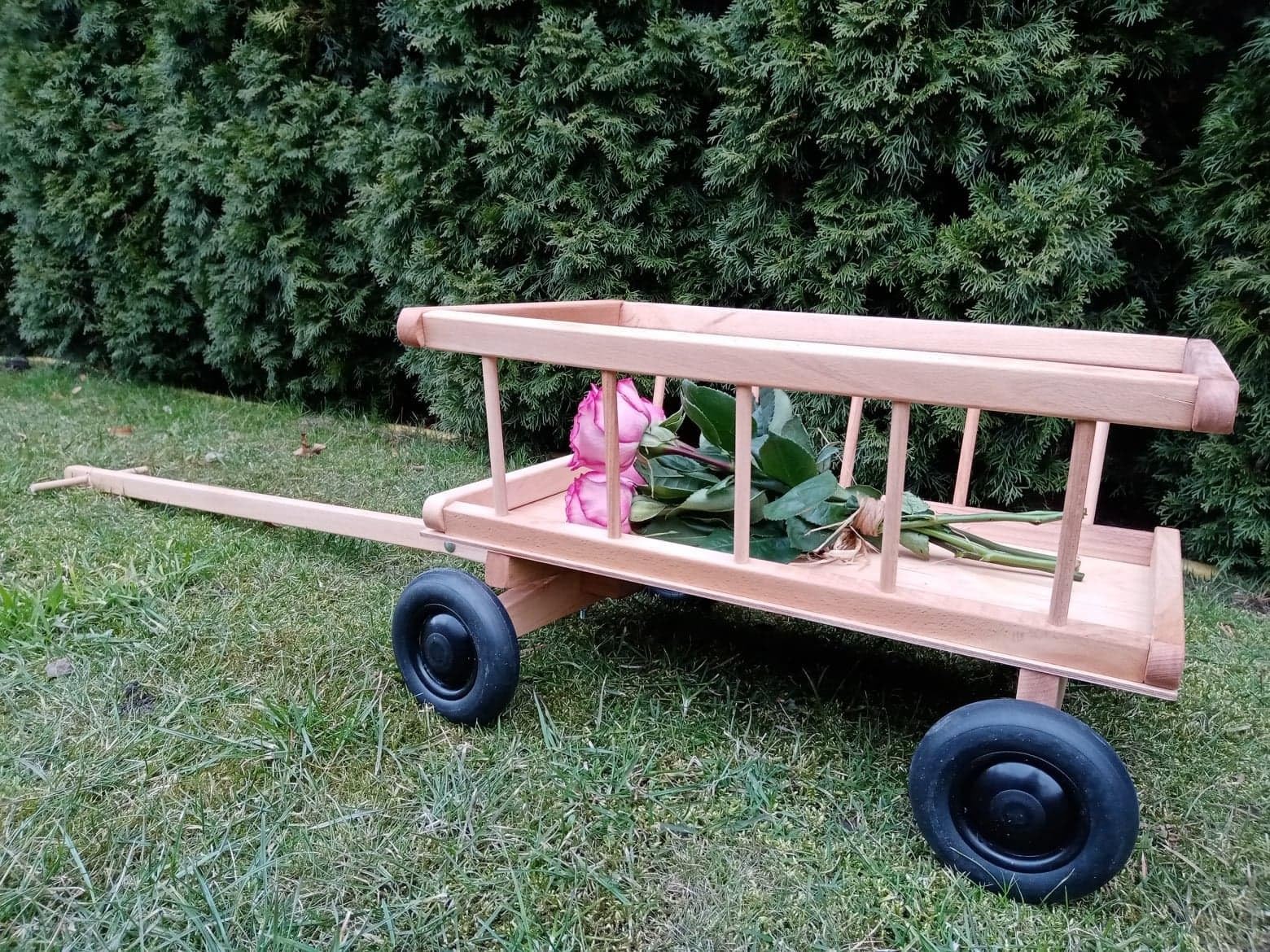 Premium Wooden Wagon JAS - Safe and Beautiful | Ideal for Weddings and Flower Girls | Color: White Fluff + seat Belt| Wheels: Rubber