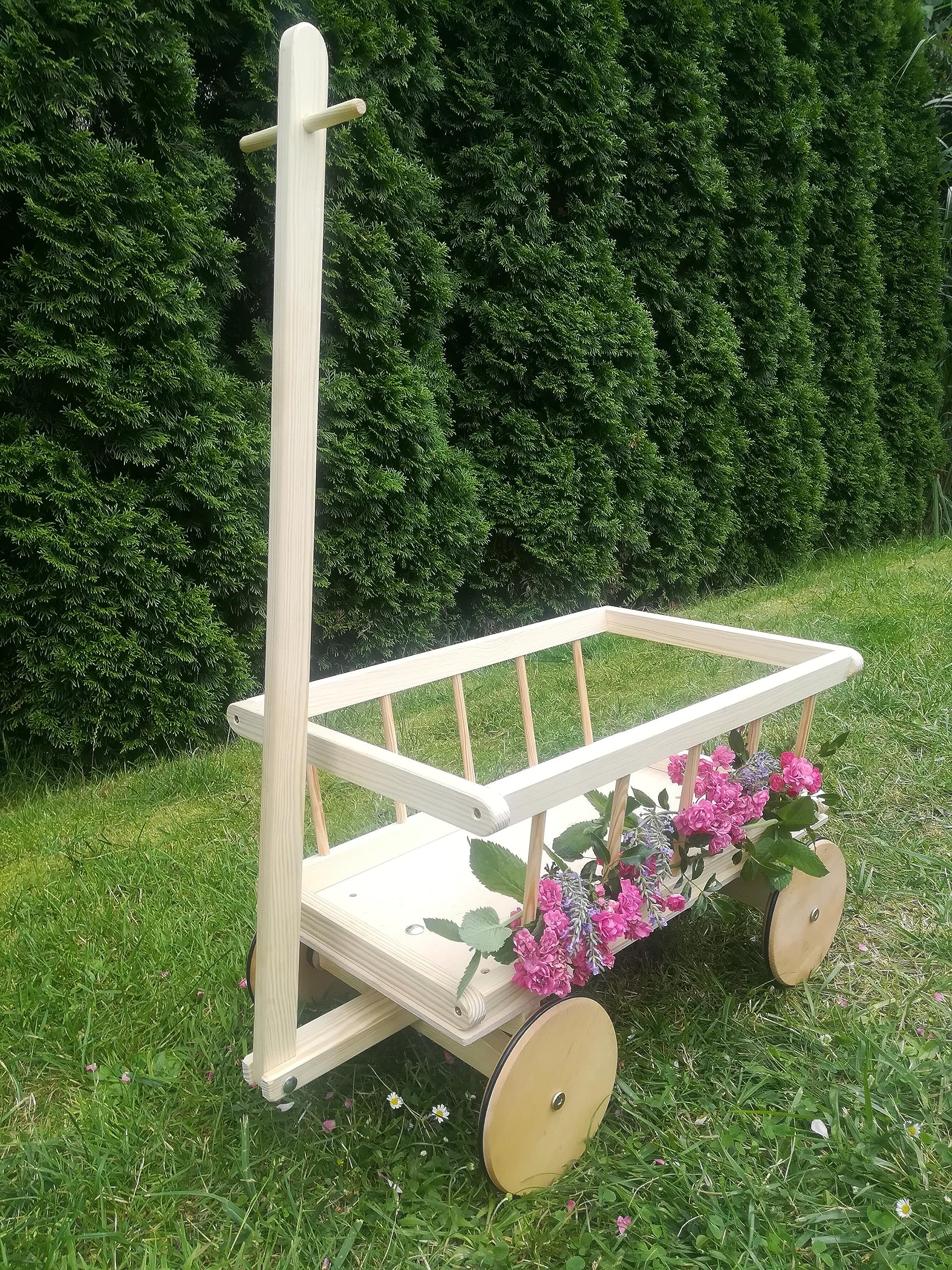 Premium Wooden Wagon JAS - Safe and Beautiful | Ideal for Weddings and Flower Girls | Color: White Fluff + seat Belt| Wheels: Rubber