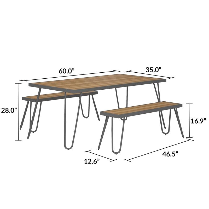 Novogratz 88192CNOE Poolside Paulette Outdoor Table and Bench Set, Charcoal