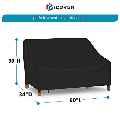 iCOVER Patio Sofa Cover, Waterproof 2-Seater Deep Lounge Loveseat Cover, Lightweight Easy On/Off, Buckles Drawstring Design,60"x34"x30" (LxDxH)