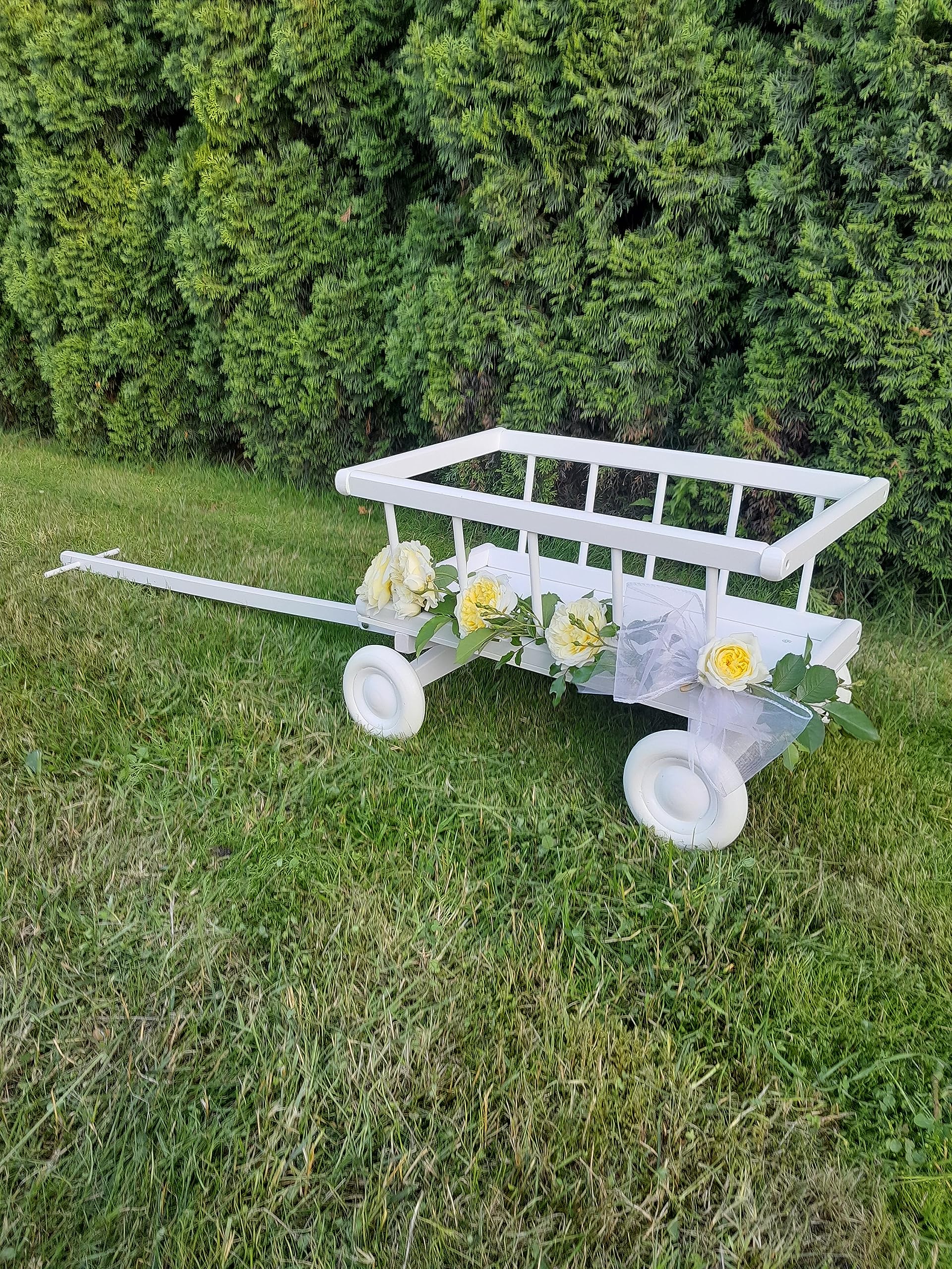Premium Wooden Wagon JAS - Safe and Beautiful | Ideal for Weddings and Flower Girls | Color: White Fluff + seat Belt| Wheels: Rubber