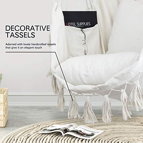 WBHome Extra Large Hammock Chair Swing with Hardware Kit, Hanging Macrame Chair Cotton Canvas, Include Carry Bag & Two Soft Seat Cushions, for Bedroom Indoor Outdoor, Max. Weight 330 Lbs (Beige)