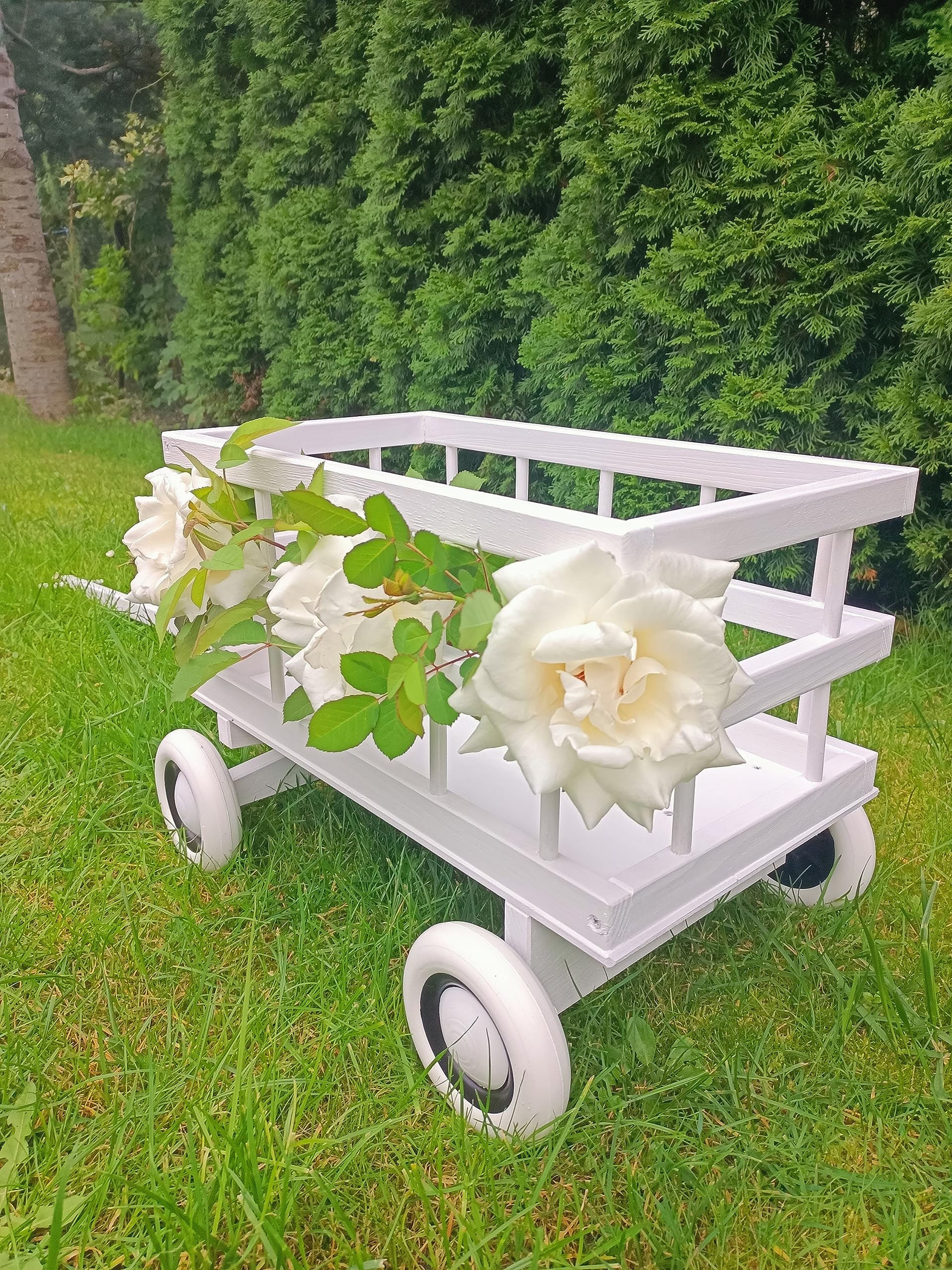 Premium Wooden Wagon JULEK - Safe and Beautiful | Ideal for Weddings and Flower Girls | Color: White Fluff | Wheels: Rubber