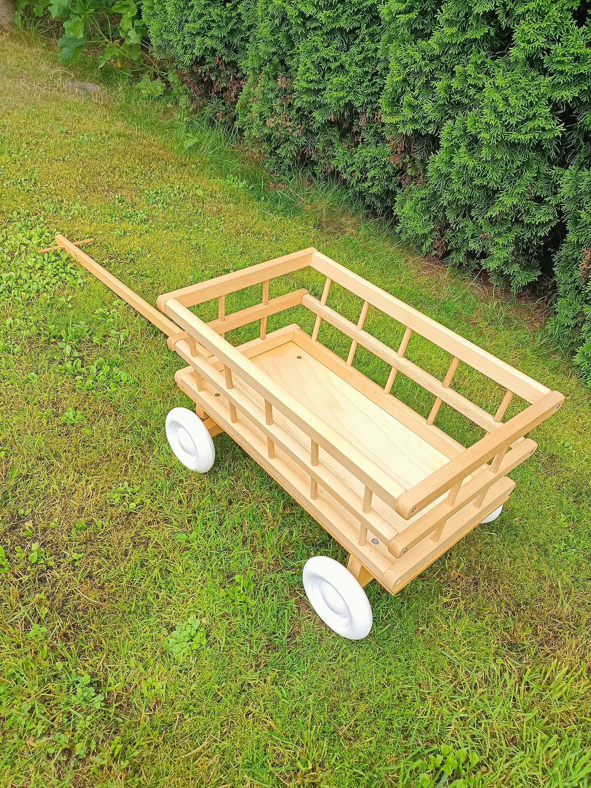 Premium Wooden Wagon JULEK - Safe and Beautiful | Ideal for Weddings and Flower Girls | Color: White Fluff | Wheels: Rubber
