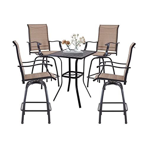 VICLLAX 5PCS Outdoor Swivel Bar Sets, Bar Height Patio Set with 4 Patio Bar Stools and 1 Square Bar Table with Umbrella Hole, Black Frame