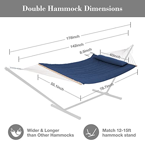 SUNCREAT Hammocks Outdoor Double Hammock with Hardwood Spreader Bar, 475 lbs Capacity, Heavy Duty 15 FT Hammock with Large Soft Pillow, Dark Blue