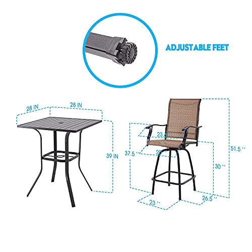 VICLLAX 5PCS Outdoor Swivel Bar Sets, Bar Height Patio Set with 4 Patio Bar Stools and 1 Square Bar Table with Umbrella Hole, Black Frame