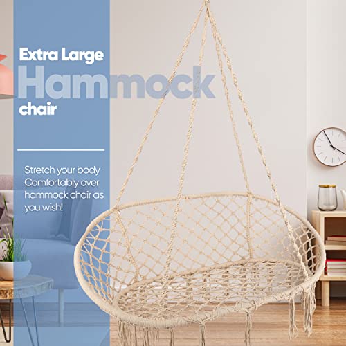 SereneLifeHome Hanging Rope Double Swing Chair, Hanging Hammock Bench, Macrame Hanging Chair, 530 lbs Capacity, Durable, Cotton Woven Swing Chair, Indoor & Outdoor (White)