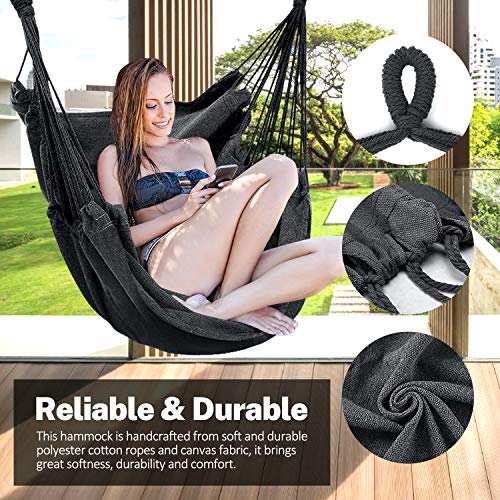 KPX Ourdoor Hanging Hammock Chair – Comfortable Tree Swing Chair Large Size 110X130cm (Without Pillows)- 330 Lbs Weight Capacity (Dark Gray)