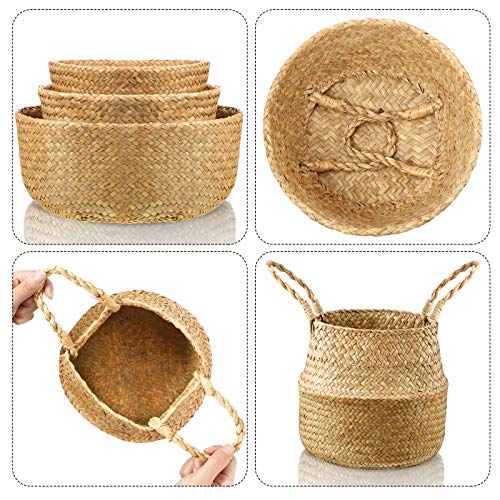 Set of 3 Pieces Woven Seagrass Hand Woven Belly Basket for Storage, Laundry, Picnic, Plant Pot Cover, Beach and Grocery Basket (Small, Medium and Large)