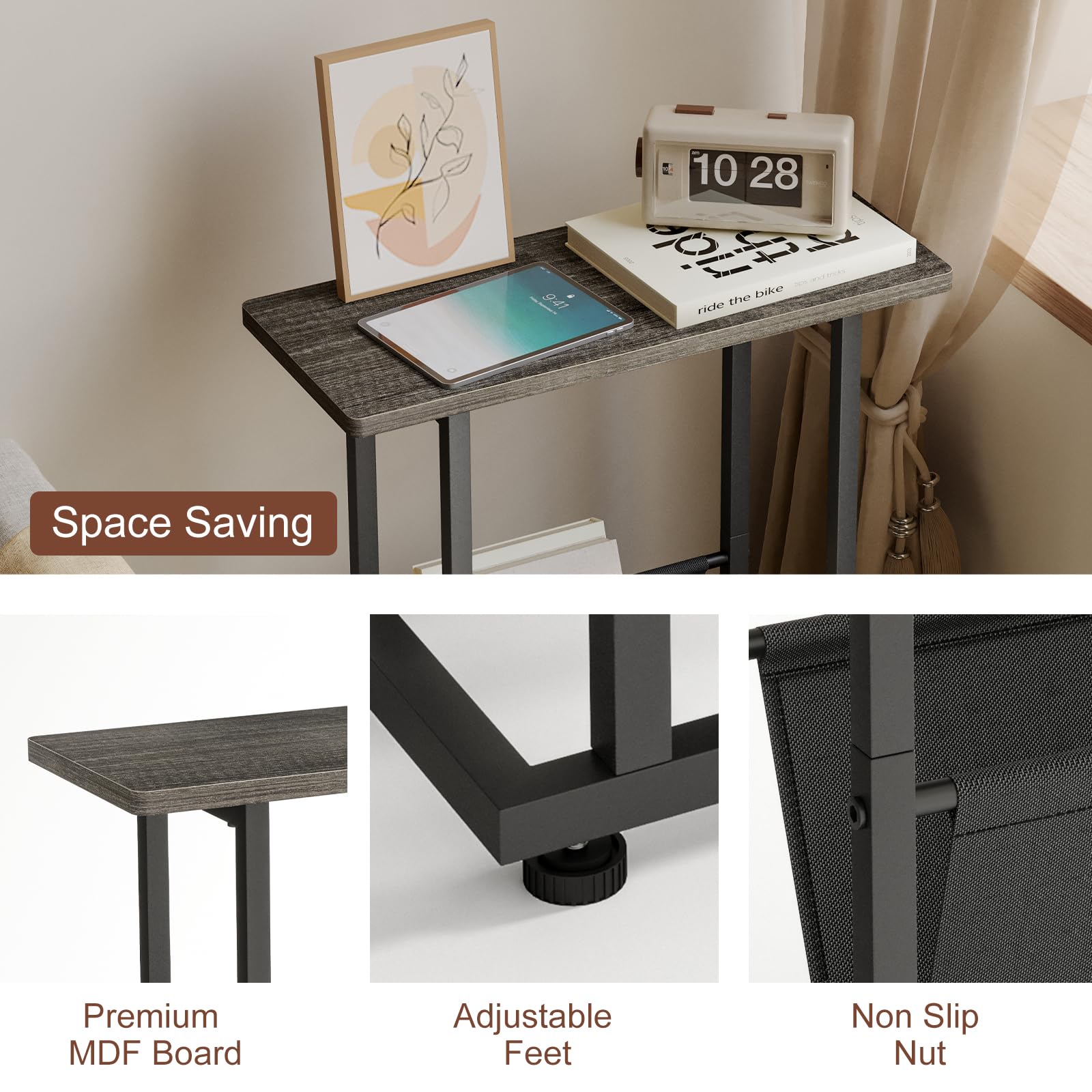 Fixwal Small Narrow Side Table, Slim Nightstand with Storage Shelf, Magazine Table for Small Spaces, End Table for Living Room, Bedroom, Hallway (Grey)