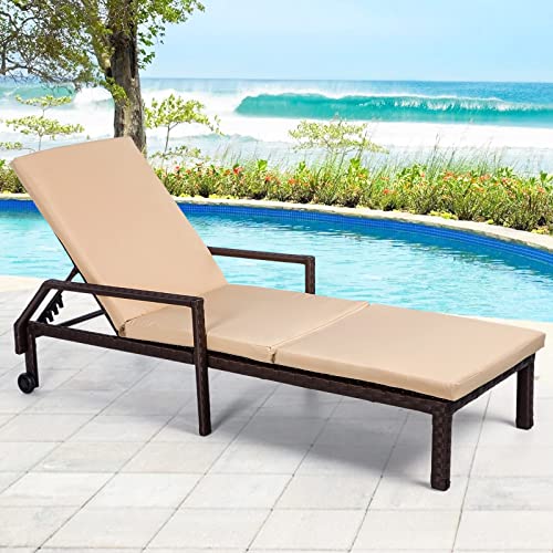 AECOJOY Chaise Lounge Chairs for Outside Outdoor Lounge Chairs, Adjustable PE Rattan Wicker Patio Pool Lounge Chair with Cushion and Wheels for Poolside Backyard Deck Porch Garden, Brown