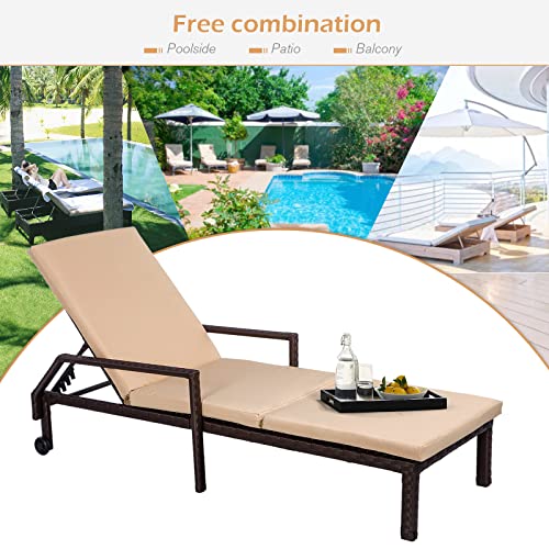 AECOJOY Chaise Lounge Chairs for Outside Outdoor Lounge Chairs, Adjustable PE Rattan Wicker Patio Pool Lounge Chair with Cushion and Wheels for Poolside Backyard Deck Porch Garden, Brown