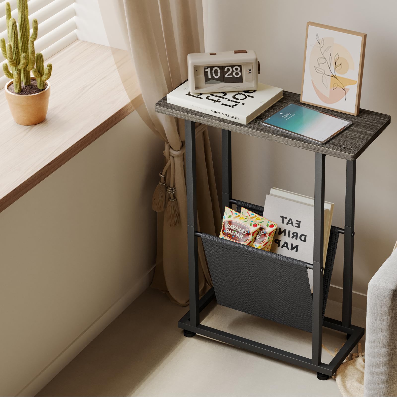 Fixwal Small Narrow Side Table, Slim Nightstand with Storage Shelf, Magazine Table for Small Spaces, End Table for Living Room, Bedroom, Hallway (Grey)