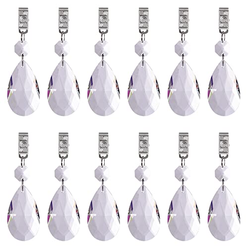 Lystaii 12pcs Tablecloth Weights Set with 12pcs Metal Clip Kit, AB Crystal Teardrop Pendant Glass Tablecloth Weights Heavy Outdoor Prisms Pendants for Home Decoration Picnic Tables Christmas (50mm)