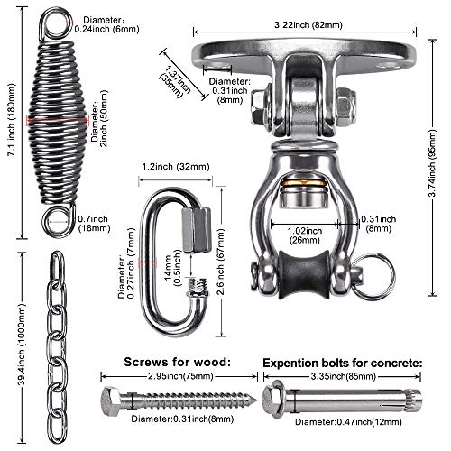 SELEWARE Stainless Steel Swivel Hanger with Heavy Duty Spring, Iron Chain and Bolts, Ceiling Mount for Hanging Indoor Swing, Hammock Chair, Heavy Punching Bag