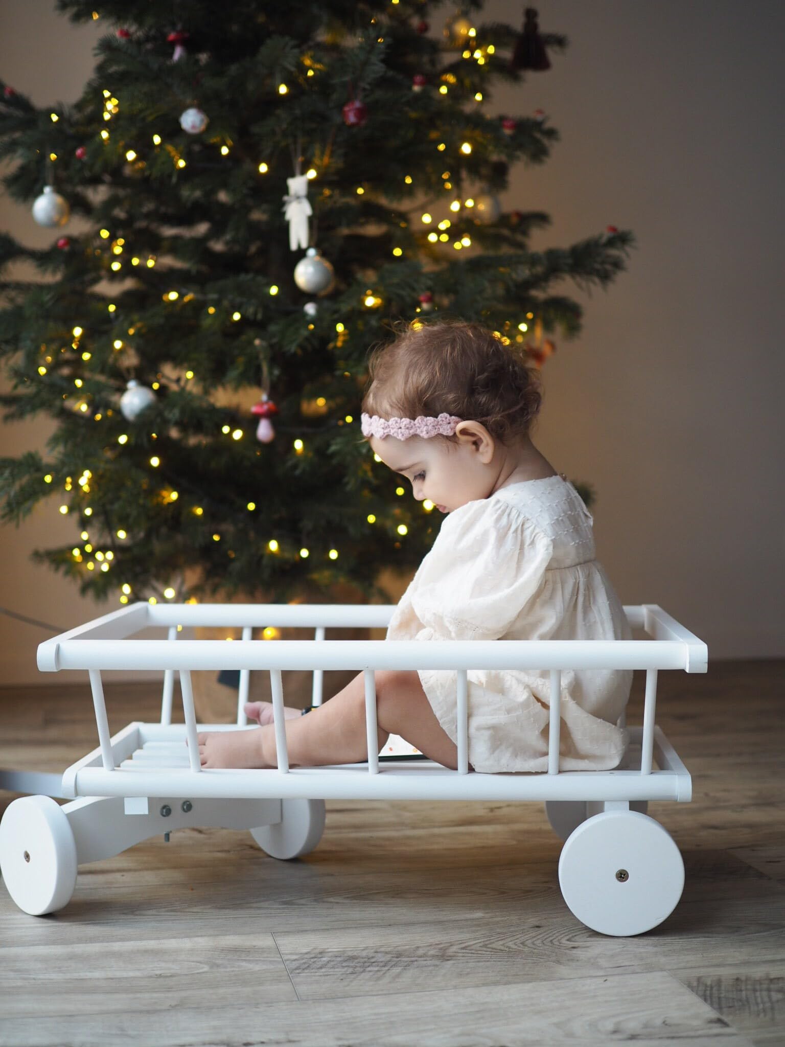 Premium Wooden Wagon MIKUS - Safe and Beautiful | Ideal for Weddings and Flower Girls | Color: White Fluff| Wheels: Rubber