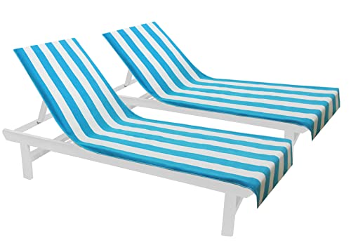 COTTON CRAFT Pool Lounge Chair Cover - 2 Pack - Chaise Beach Picnic Spa Towel - Cabana Stripe - Soft Premium Ringspun Terry Cotton - Oversized - 32 inch Wide x 82 inch Long with 7 inch Pocket – Aqua