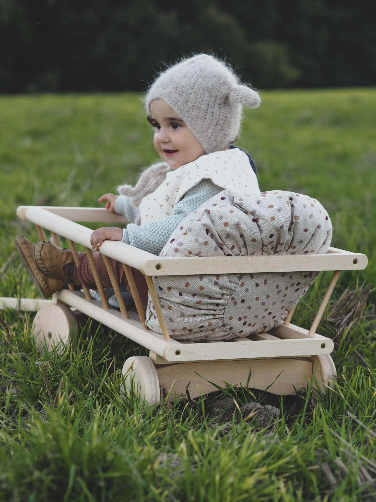 Premium Wooden Wagon MIKUS - Safe and Beautiful | Ideal for Weddings and Flower Girls | Color: White Fluff| Wheels: Rubber