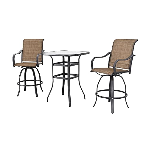 LOKATSE HOME 3 Pcs Patio Bar High Swivel Stools Set, 2 Tall Chairs and 1 Height Outdoor Bistro Table, Khaki