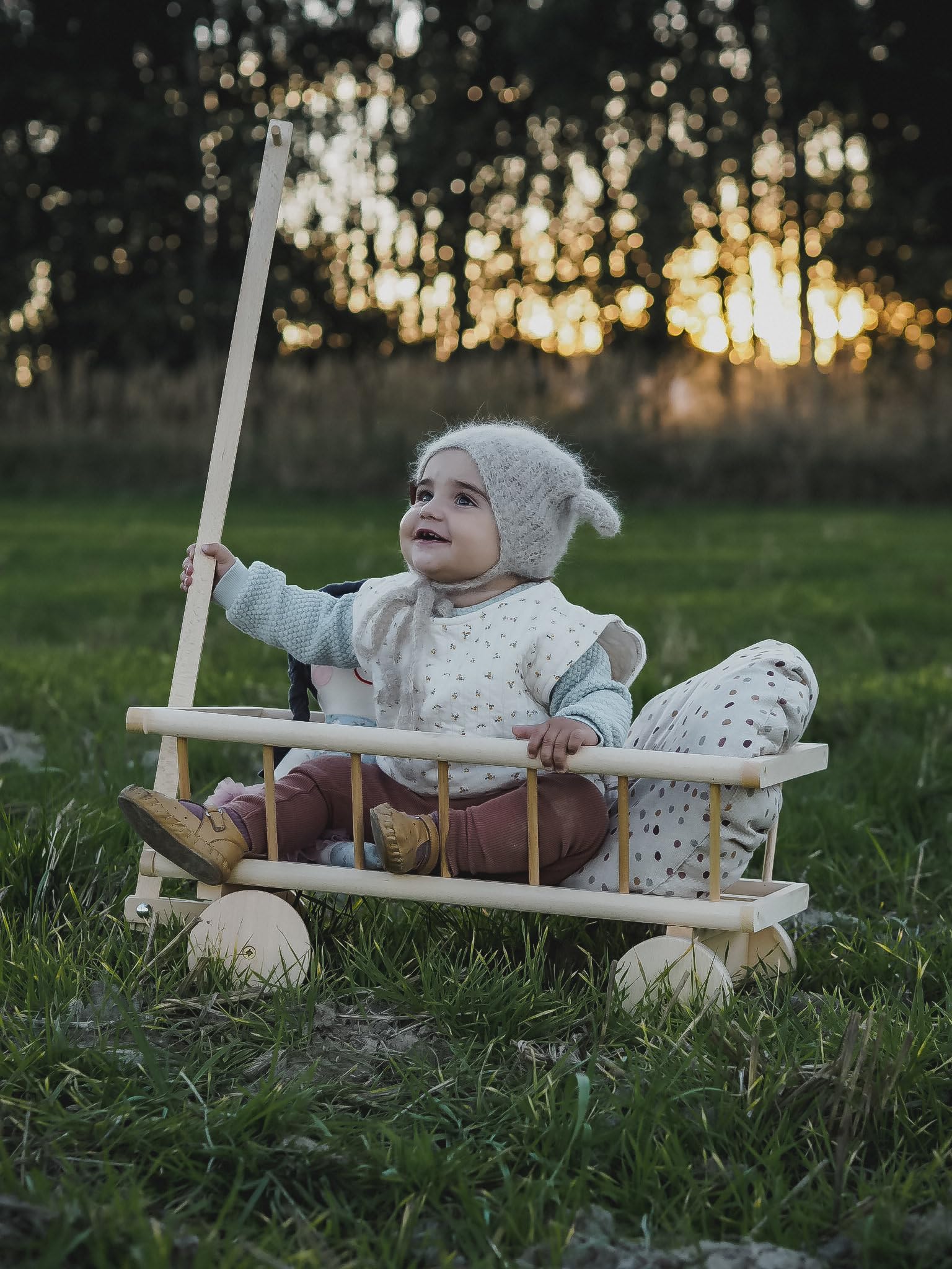 Premium Wooden Wagon MIKUS - Safe and Beautiful | Ideal for Weddings and Flower Girls | Color: White Fluff| Wheels: Rubber