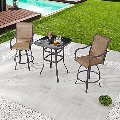 LOKATSE HOME 3 Pcs Patio Bar High Swivel Stools Set, 2 Tall Chairs and 1 Height Outdoor Bistro Table, Khaki