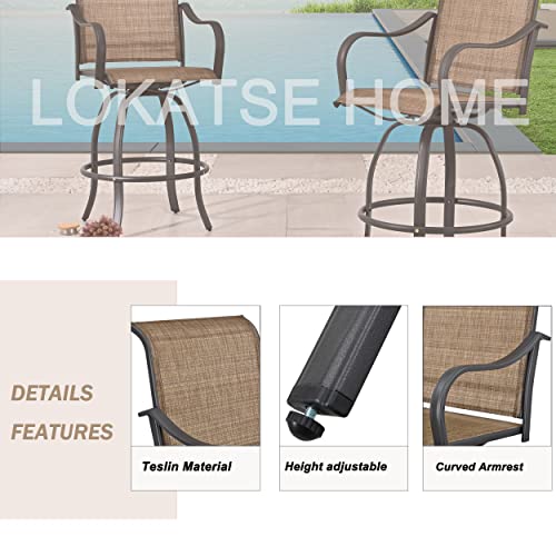 LOKATSE HOME 3 Pcs Patio Bar High Swivel Stools Set, 2 Tall Chairs and 1 Height Outdoor Bistro Table, Khaki