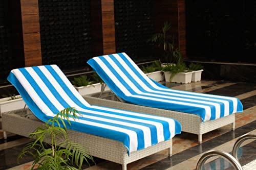 COTTON CRAFT Pool Lounge Chair Cover - 2 Pack - Chaise Beach Picnic Spa Towel - Cabana Stripe - Soft Premium Ringspun Terry Cotton - Oversized - 32 inch Wide x 82 inch Long with 7 inch Pocket β Aqua