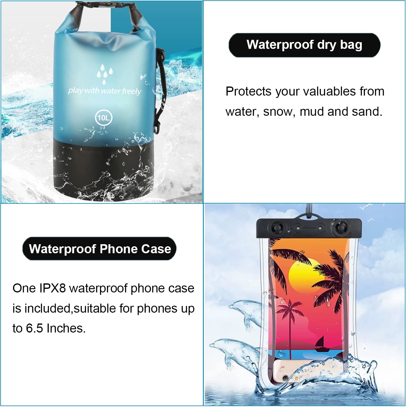 Waterproof Dry Bag,5L/10L/20L Waterproof Floating Backpack Roll Top Dry Sack Keeps Gear Dry,with Waterproof Phone Case for Kayaking,Rafting,Boating,Swimming,Camping,Beach and Fishing (5L-Blue-1pcs)