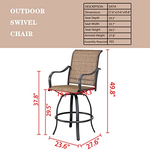 LOKATSE HOME 3 Pcs Patio Bar High Swivel Stools Set, 2 Tall Chairs and 1 Height Outdoor Bistro Table, Khaki