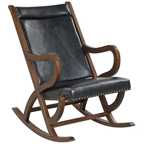 TUOCHUFUN Rocking Chair with Rubber Wood Frame, Anti-Tipping Design, Modern Rocking Chair with PU Cushion for Outdoor Garden,Living Room (Black)