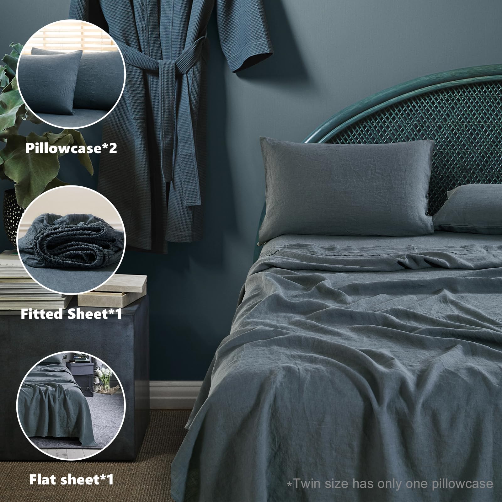 pinéllia Linen Sheets Full Size,Premium 100% Stone Washed French Linen Bed Sheets,Luxury Ultra Soft Durable 4-Piece Linen Bedding Sheet Set,Dark Grey