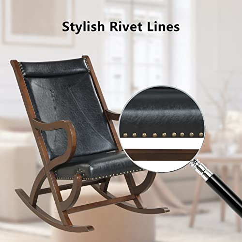 TUOCHUFUN Rocking Chair with Rubber Wood Frame, Anti-Tipping Design, Modern Rocking Chair with PU Cushion for Outdoor Garden,Living Room (Black)