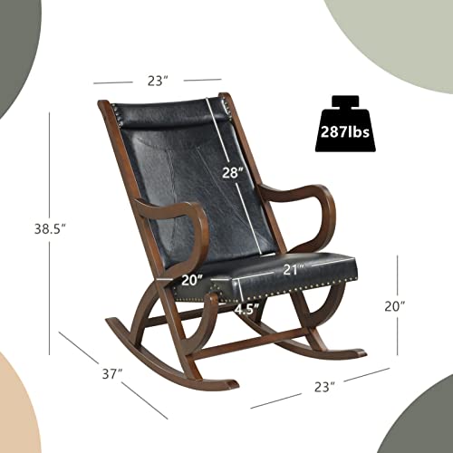 TUOCHUFUN Rocking Chair with Rubber Wood Frame, Anti-Tipping Design, Modern Rocking Chair with PU Cushion for Outdoor Garden,Living Room (Black)