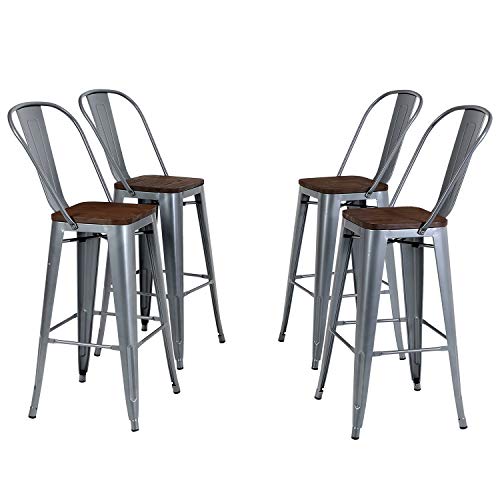 PHI VILLA Metal Patio Bar Stools Set of 4, 30 inches Counter Height Stools with Wooden Seat and High Back, Industrial Style Bar Chairs for Indoor & Outdoor, Pub, Kitchen Island - Matte Grey