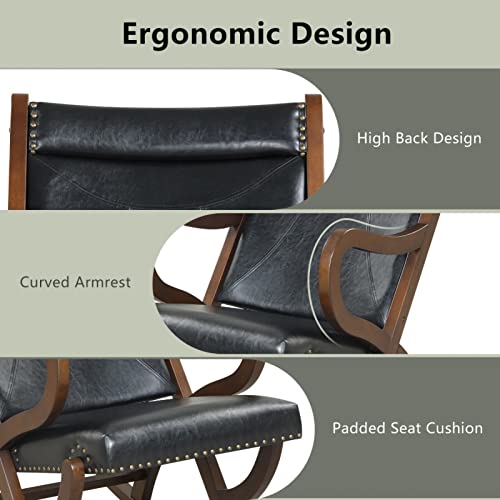 TUOCHUFUN Rocking Chair with Rubber Wood Frame, Anti-Tipping Design, Modern Rocking Chair with PU Cushion for Outdoor Garden,Living Room (Black)