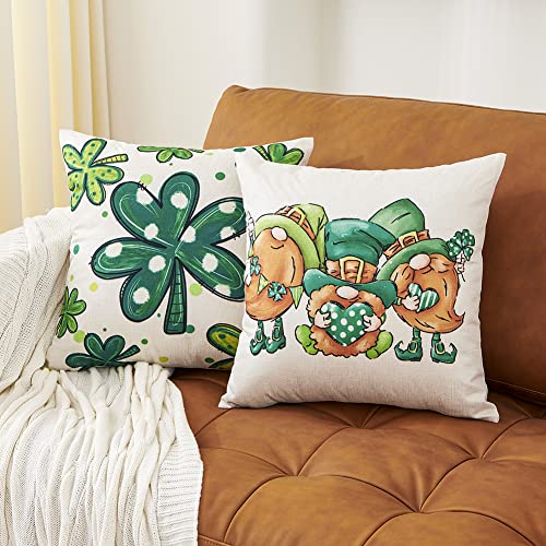 CARRIE HOME St Patricks Day Gnome Throw Pillow Covers 18x18 Set of 2 Green Lucky Shamrock Pillow Covers Saint Patricks Day Gnome Decor for Home Couch and Sofa