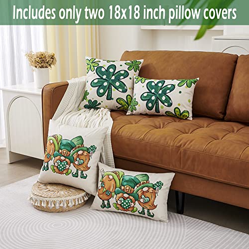 CARRIE HOME St Patricks Day Gnome Throw Pillow Covers 18x18 Set of 2 Green Lucky Shamrock Pillow Covers Saint Patricks Day Gnome Decor for Home Couch and Sofa