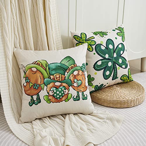 CARRIE HOME St Patricks Day Gnome Throw Pillow Covers 18x18 Set of 2 Green Lucky Shamrock Pillow Covers Saint Patricks Day Gnome Decor for Home Couch and Sofa