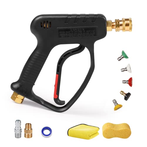 MEKOH High Pressure Washer Short Gun, 5000 PSI 12 GPM Industrial Pressure Power water Spray Gun, with 5 Nozzle Tips, 1/4'' Outlet, 3/8'' Quick Connect,M22-14mm Fitting, PTFE Tape and Car Sponge