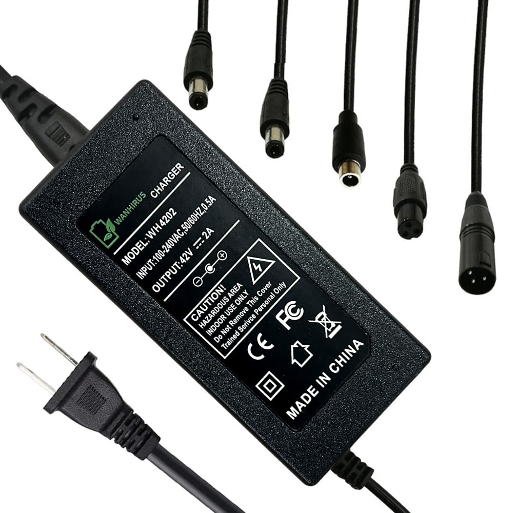 42V 2A Charger 5 Plugs for 36V Lithium Battery Charger, Pack DC 5.5 * 2.1 /DC 5.5 * 2.5mm/ 8mm 3 Prong/ 8mm RCA/ 3-Pin Male XLR Connector