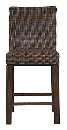 Signature Design by Ashley Paradise Trail Square Bar Table with Fire Pit, Medium Brown & Paradise Trail Outdoor 27.5" Wicker Patio Barstool, 2 Count, Brown