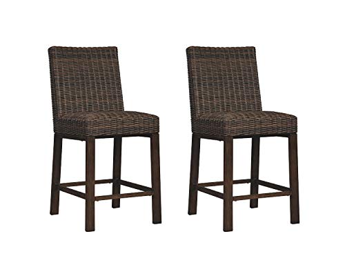Signature Design by Ashley Paradise Trail Square Bar Table with Fire Pit, Medium Brown & Paradise Trail Outdoor 27.5" Wicker Patio Barstool, 2 Count, Brown