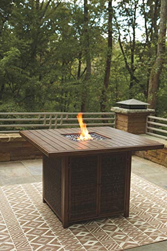 Signature Design by Ashley Paradise Trail Square Bar Table with Fire Pit, Medium Brown & Paradise Trail Outdoor 27.5" Wicker Patio Barstool, 2 Count, Brown