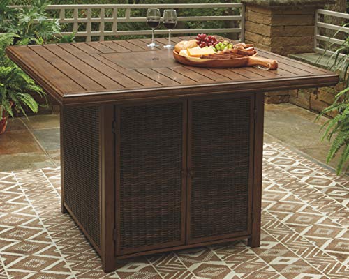 Signature Design by Ashley Paradise Trail Square Bar Table with Fire Pit, Medium Brown & Paradise Trail Outdoor 27.5" Wicker Patio Barstool, 2 Count, Brown