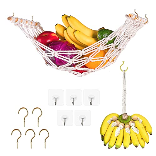 Hanging Fruit Hammock Under Cabinet，Macrame Handwoven Boho Veggie and Fruit Hammock Fruit Holder Net Hanging Kitchen Storage，Includes Banana Hanger And Hook，Saves Counter Space at Home，Boat，or Rv