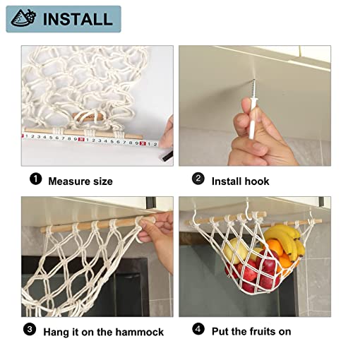 Hanging Fruit Hammock Under Cabinet，Macrame Handwoven Boho Veggie and Fruit Hammock Fruit Holder Net Hanging Kitchen Storage，Includes Banana Hanger And Hook，Saves Counter Space at Home，Boat，or Rv