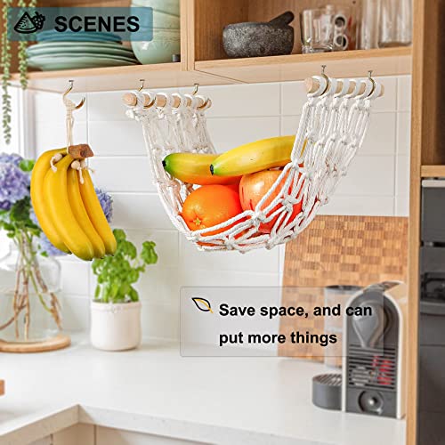 Hanging Fruit Hammock Under Cabinet，Macrame Handwoven Boho Veggie and Fruit Hammock Fruit Holder Net Hanging Kitchen Storage，Includes Banana Hanger And Hook，Saves Counter Space at Home，Boat，or Rv
